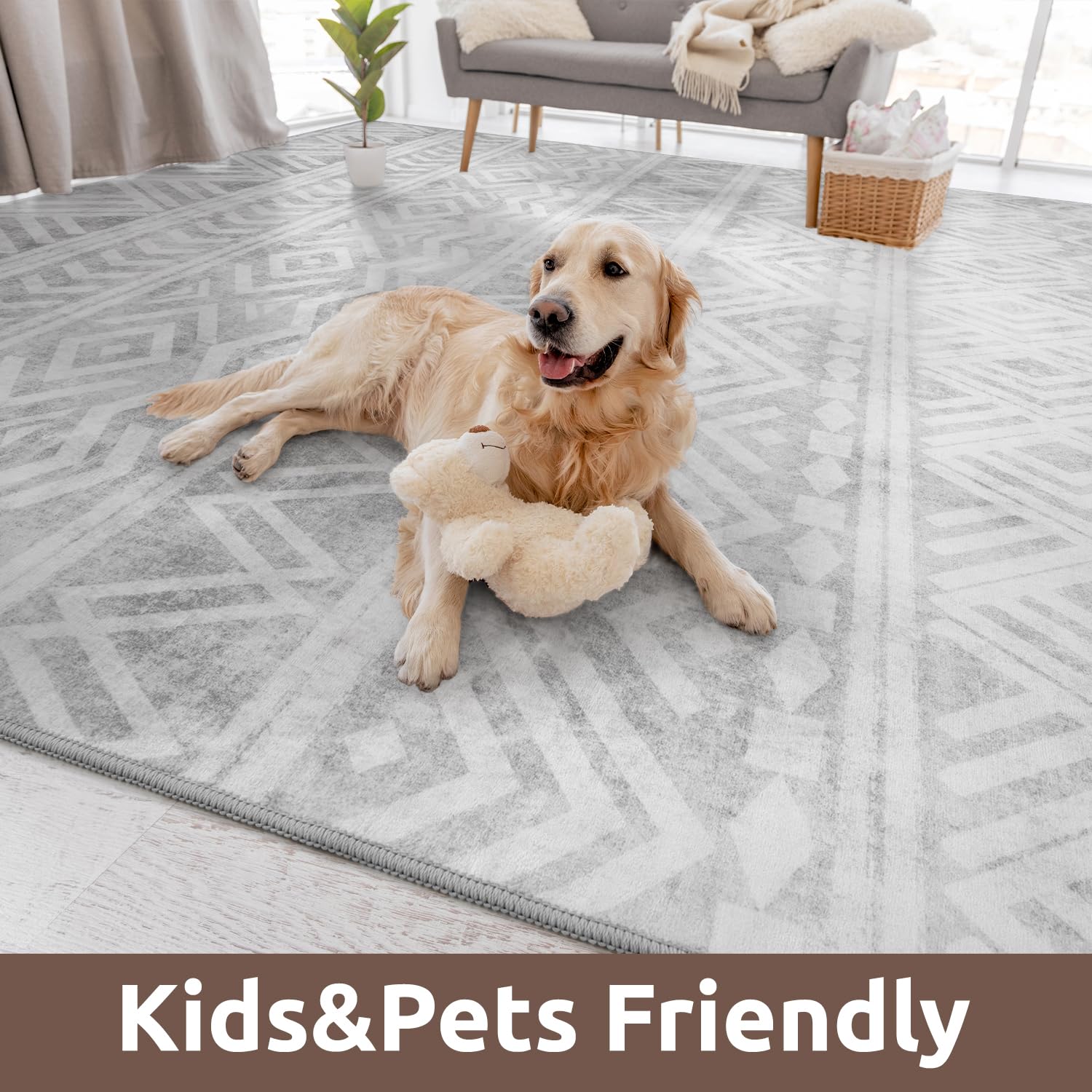 5x7 Area Rugs for Living Room, Ultra Soft Boho Moroccan Washable Carpet, Neutral Non-Slip Backing Dining Room Rugs, Low Pile Carpet for Bedroom Home Office