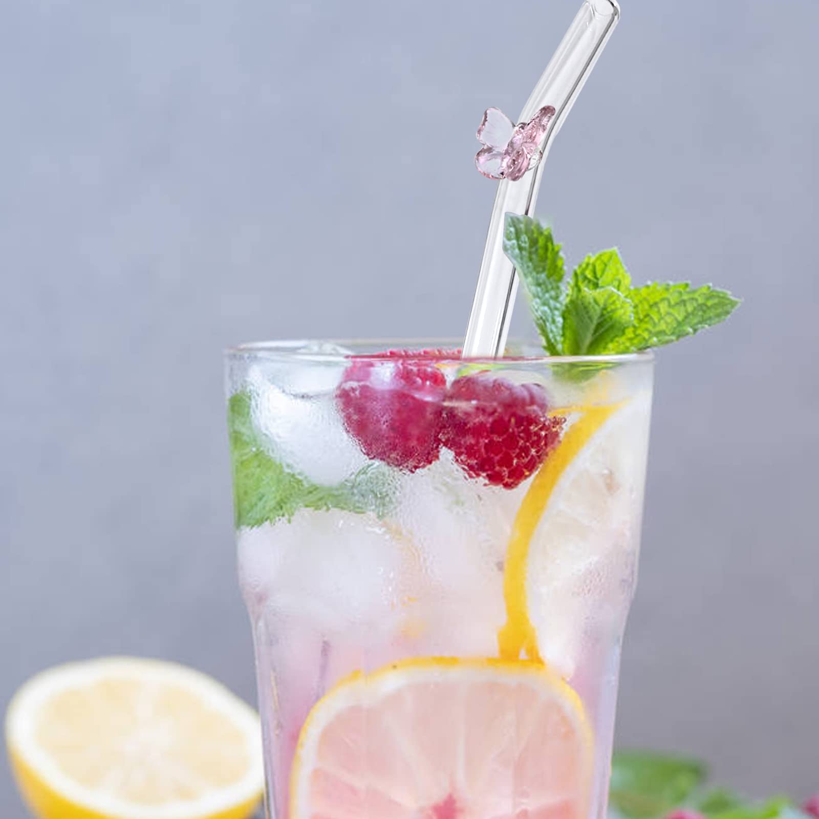 5 Pcs Reusable Glass Straws,Colorful Butterfly on Clear Straws With Design 7.9in X 8mm Shatter Resistant Bent Drinking Straws with 2 Cleaning Brushes for Shakes,Juices,Smoothies, Cocktails