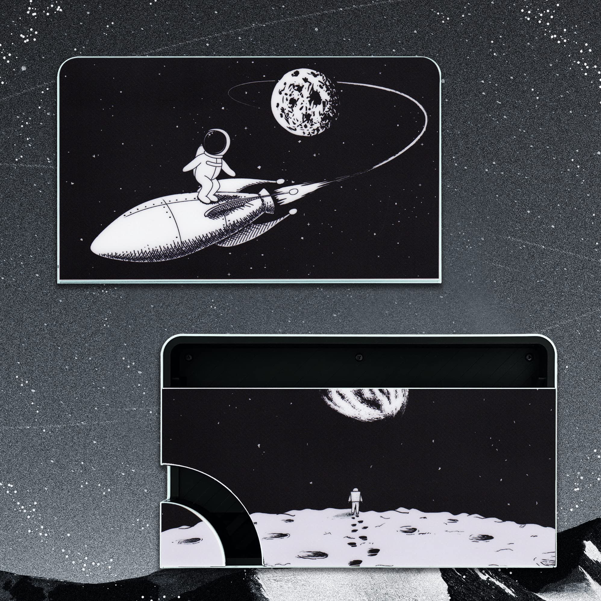 BelugaDesign Space Switch Skin | Cool Sticker Wrap Vinyl Decal | Galaxy Spaceship Astronaut Moon Cute | Compatible with Nintendo Switch (Switch OLED, Black White)