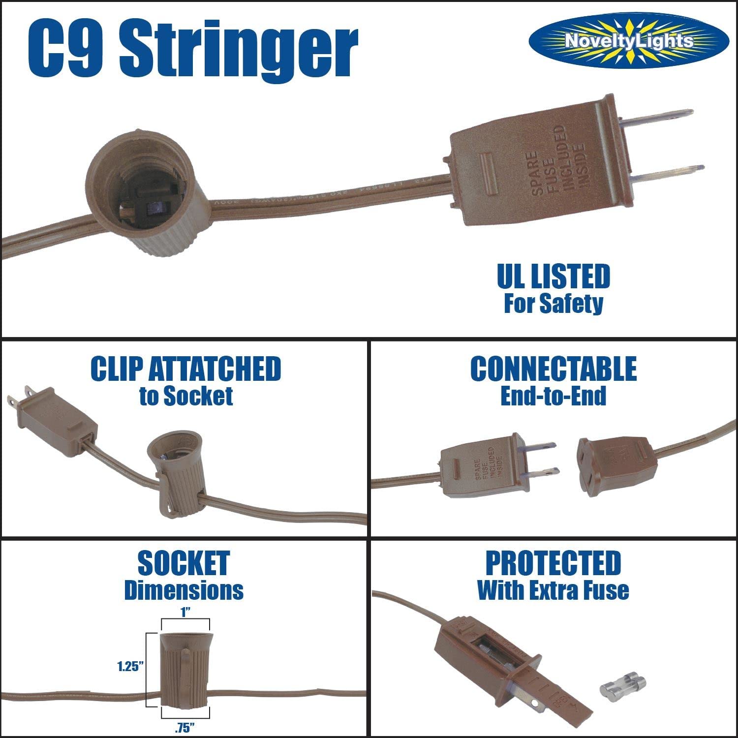 25 Foot C9 Orange Ceramic Christmas String Light Set - Outdoor Christmas Light String - β Opaque Christmas Bulbs - Roofline Light String β Outdoor String Lights - Brown Wire