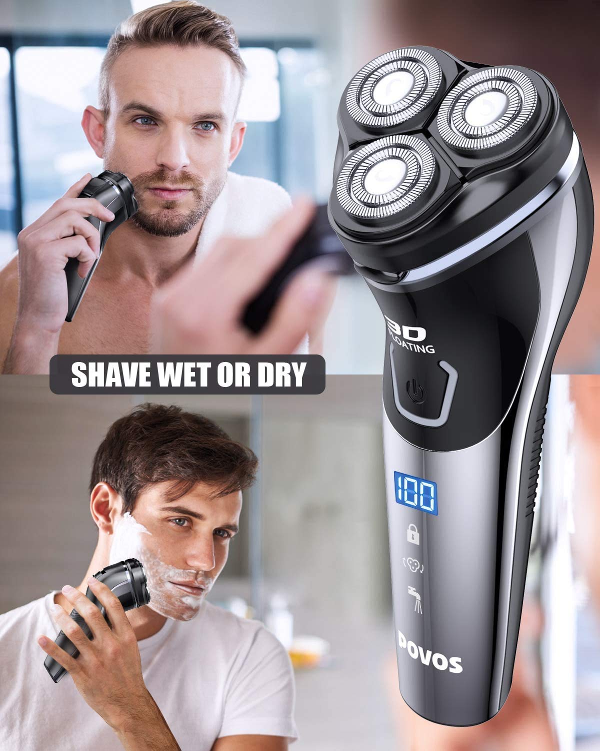 POVOS Electric Razor for Men, Quick Rechargeable Wet and Dry IPX7 Waterproof Electric Shaver,Men’s 3D Rotary Shaving Razor with Pop-up Beard Trimmer,LCD Display, Replacement Blades, and Travel Case