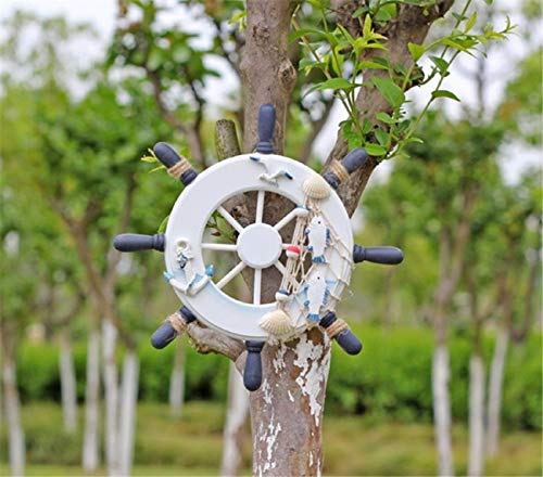 Hooshing Boat Steering Wheel Decor Wooden Mediterranean Style Crafts Rudder Wall Decoration Fishing Net for Wall Door Home Office White