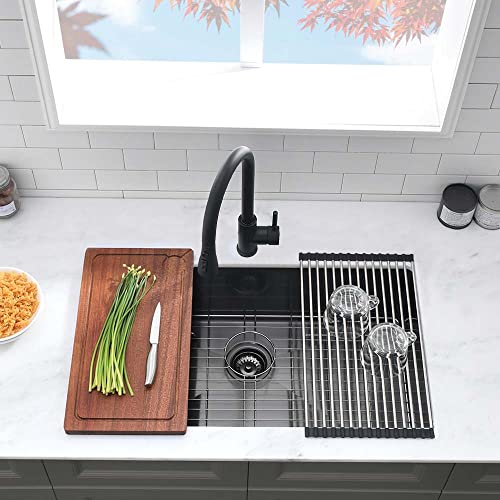 28 Inch Matte Black Kitchen Sink Undermount, Wesliv 28x19 Inch Undermount Matte Black Kitchen Sink 16 Gauge Deep Large Single Bowl Kitchen Sink with Cutting Board & Bottom Rinse Grid