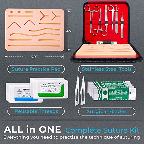 Complete Sterile Suture Practice Kit for First Aid Field Emergency and Medical Students Training - Including Large Silicone Suture Pad and Sterilized Suture Tools Threads and Needles