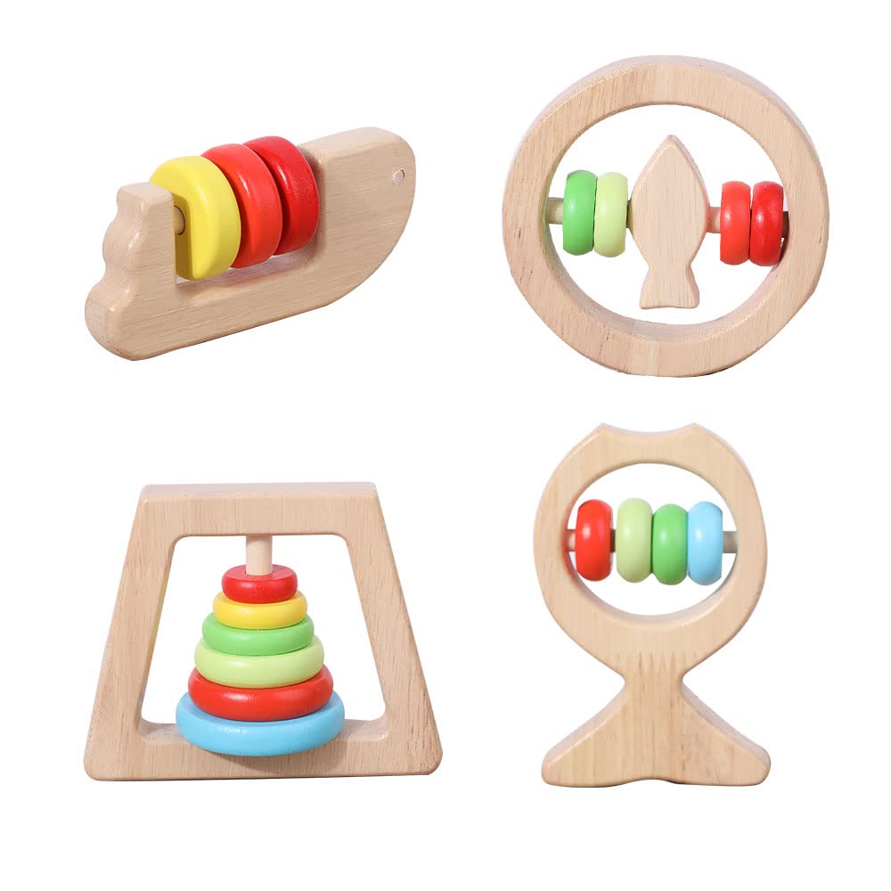 4Pcs Set Montessori Baby Wooden Rattle Toy Set Rainbow Color Shaker Bell Set