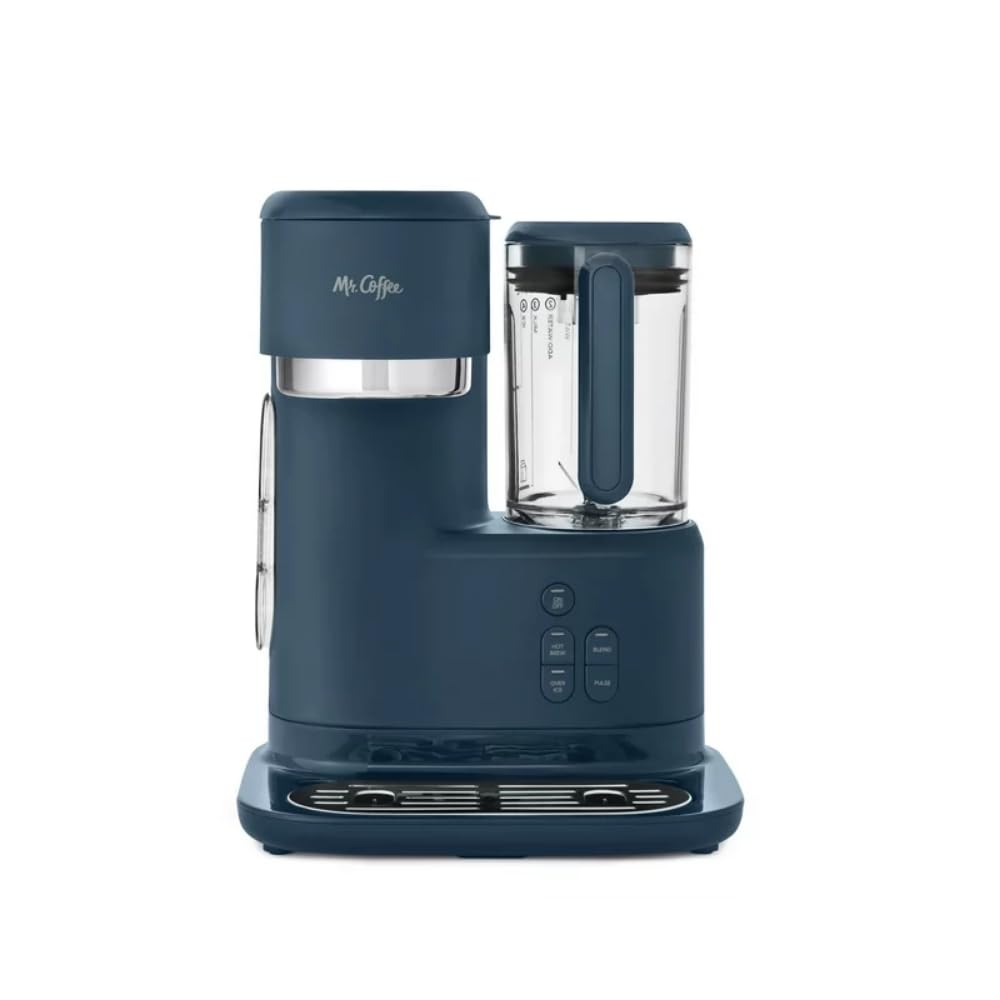 Mr. Coffee 3-in-1 Single-Serve Frappe, Iced & Hot Coffee Maker & Blender w/Reusable Filter, Scoop, Recipe Book, 2 Tumblers, Lids and Straws, Navy Blue