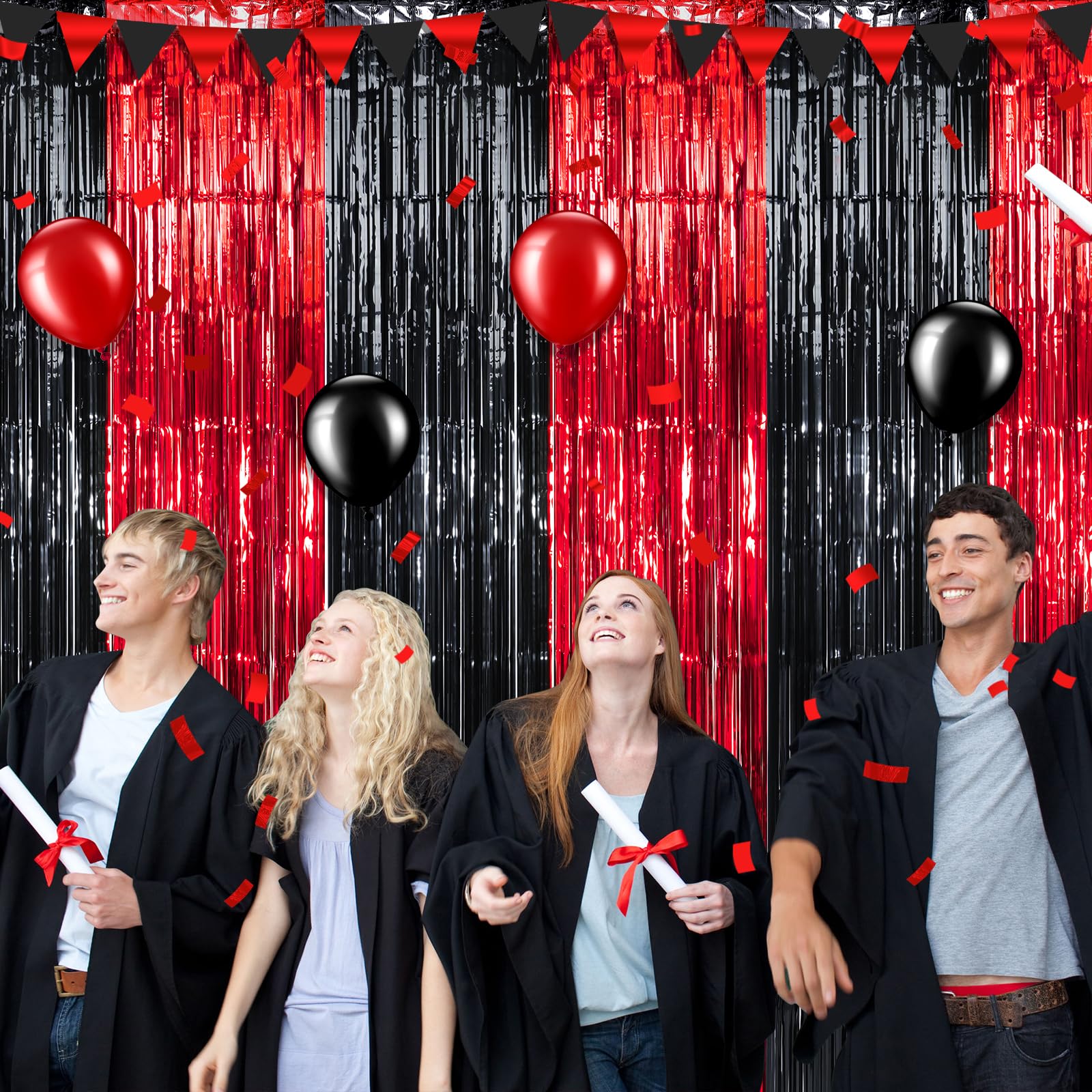 6 Pack 3.3Ft x 6.6Ft Graduation Foil Fringe Curtain Backdrop Decorations, Red Black Metallic Tinsel Foil Streamers Curtain Photo Booth Background for Graduation Prom Wedding Birthday Party Decorations