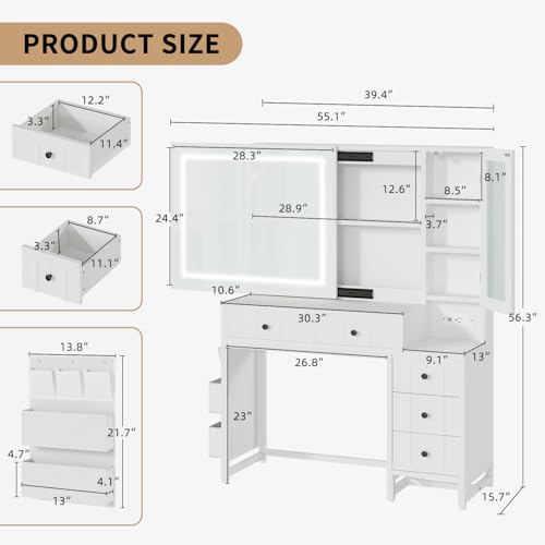 Breezestival Vanity Desk with LED Lights Mirror, White Makeup Vanity with Power Outlet & 5 Drawers, Dresser with Storage Shelves & Side Pocket for Bedroom, Dressing Room, 3 Adjustable Light Colors