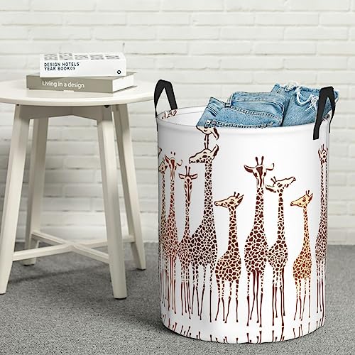 Cute Wild Cartoon Giraffes Printed Round Laundry Hamper,Collapsible Clothes Hamper Storage With Handle,Canvas Fabric Waterproof Storage Bin