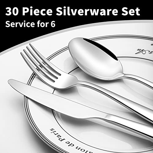 30 Piece Silverware Set, Flatware Set for 6, Amafox Food-Grade Stainless Steel Cutlery set, Home Kitchen Utensil Set, Include Knifes Forks and Spoons Silverware Set, Mirror Finish, Dishwasher Safe