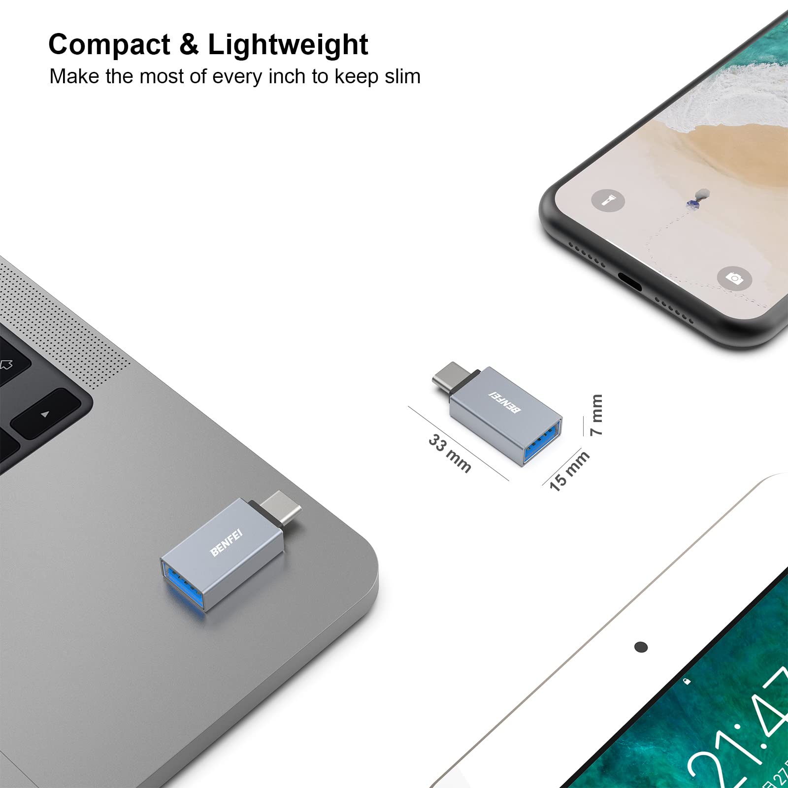 BENFEI USB C to USB 3.0 Adapter, 3 Pack USB C to A Male to Female Adapter Compatible with iPhone 15 Pro/Max, MacBook Pro/Air 2023, iPad Pro, iMac, S23, XPS 17, Surface Book 3 and More - Gray