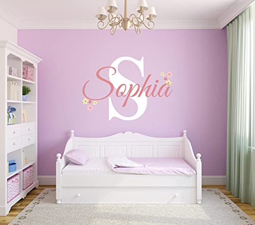 CuteDecals Custom Name and Initial with Flowers Wall Decal - Personalized & Art Mural Girls Decor Stickers for Nursery Bedroom Decoration (Mini Wide 16 inchx10 inch Height)