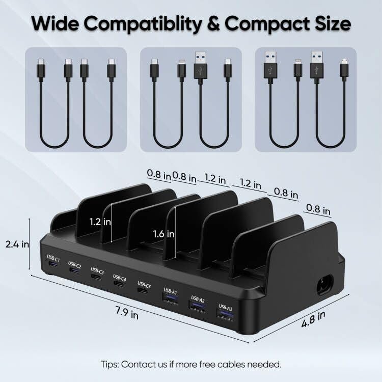 280W USB C Charging Station for Multiple Devices, 8 Port Multi Device Fast Charging Station for MacBook iPhone 15 Phone iPad Tablets Black (6 Mixed Short Cables Included)