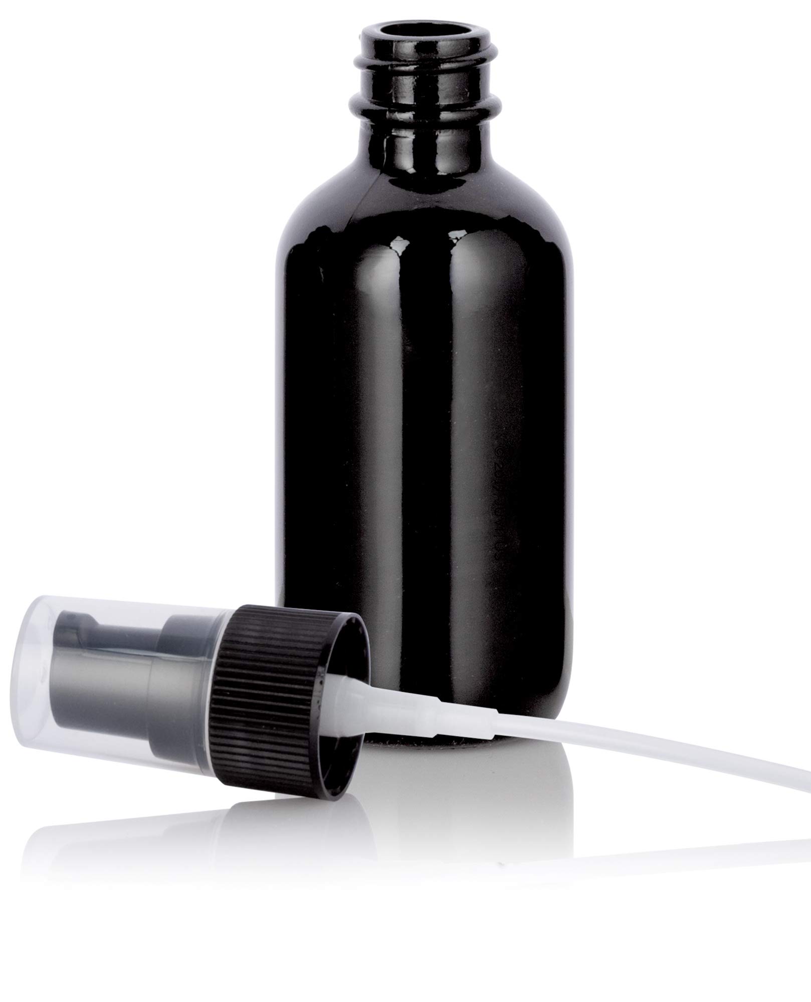 JUVITUS 2 oz Black Glass Luxury Boston Round Bottle with Black Treatment Pump (12 Pack) + Funnel