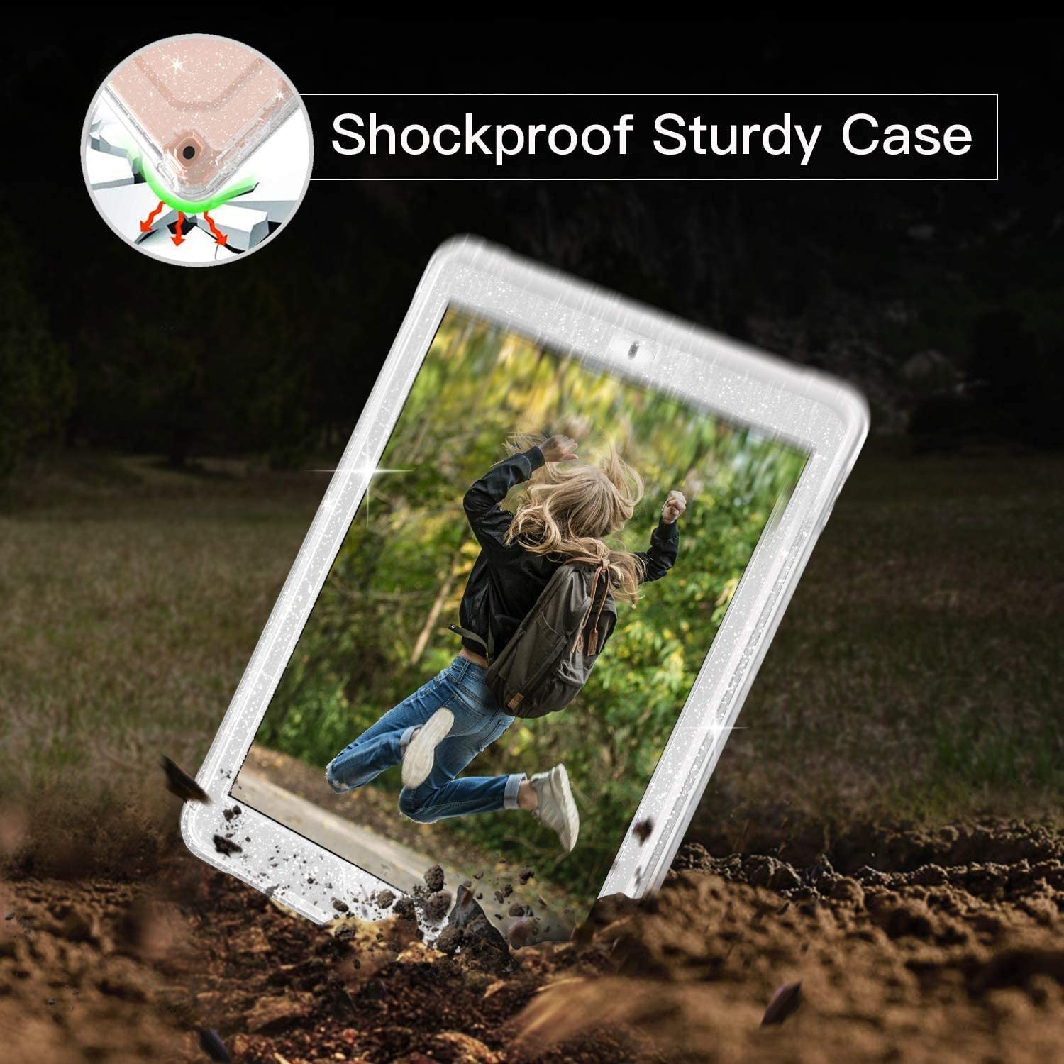 ZoneFoker for iPad 9th Generation Case, for iPad 8th/7th Generation 10.2 inch Case 2021/2020/2019,Clear Glitter Slim Shockproof Hard iPad 9 8 7 Gen Cute Cover with Stand for Kids/Girls/Women