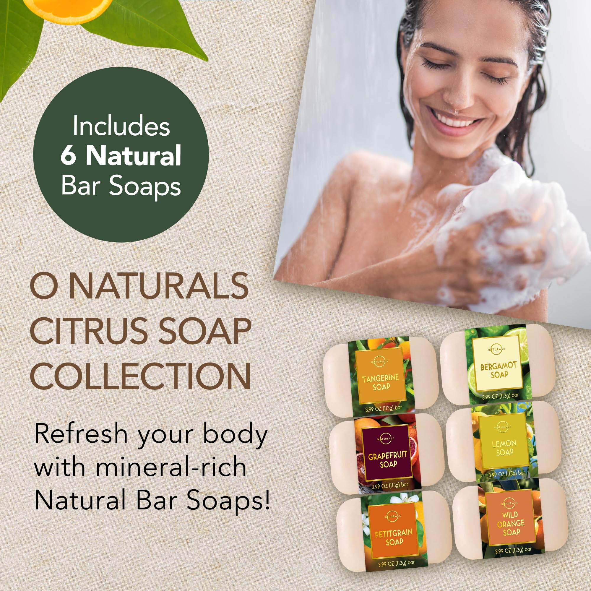 O NATURALS 100% Natural Bar Soap - Assorted 6 PCS Soap Gift Set - Organic Ingredients & Essential Oils - Spa Gifts for Women & Men, Body Wash Soap Bar & Face Soap - Moisturizing Organic Citrus Soap