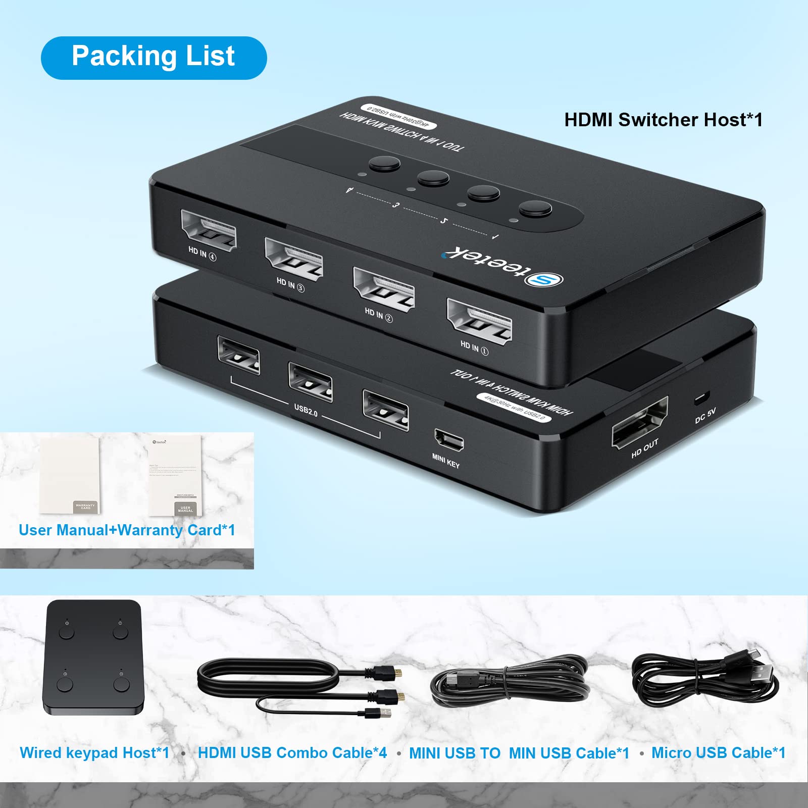 4x1 KVM Switch 4 Port HDMI Box, Ultra HD 4K@30Hz KVM with 3 USB 2.0 Hub, 4 Computers Share 1 Monitor, 4 Port HDMI KVM Switch Support Wired Remote Switch and Button Switch, with 4 HDMI and USB Cables