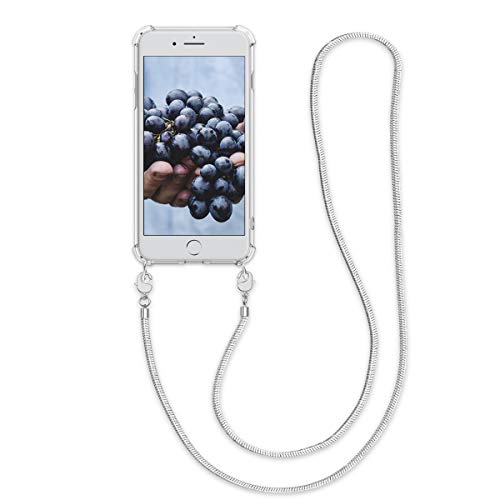 kwmobile Case Compatible with Apple iPhone 7 Plus/iPhone 8 Plus - Crossbody Case Clear Transparent TPU Phone Cover with Metal Chain Strap - Transparent/Silver