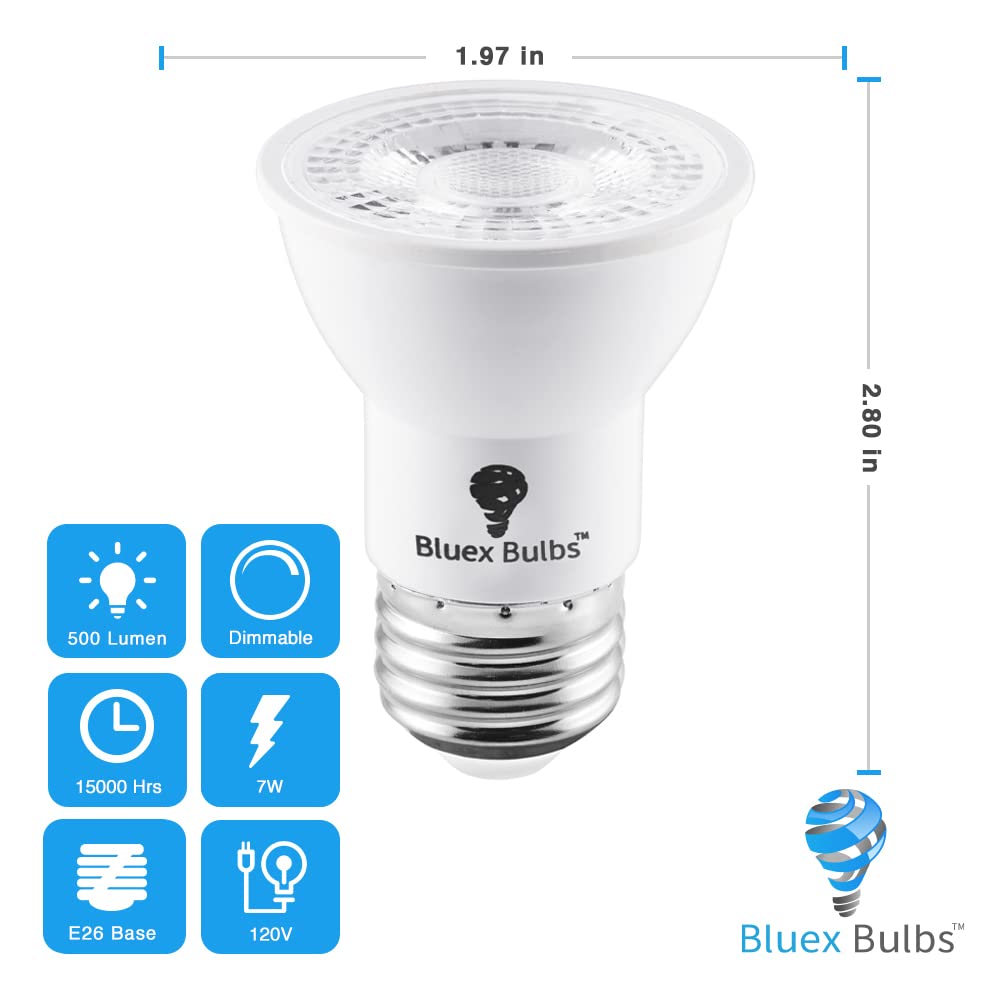 6 Pack PAR16 LED Bulb Long Neck 7W 75 Watt Equivalent 500 Lumens E26 3000K Warm White Dimmable Bright LED Track Lighting Bulbs Mini Light Bulbs, Short Light Bulbs, Flood Light PAR16 LED Spotlight Bulb
