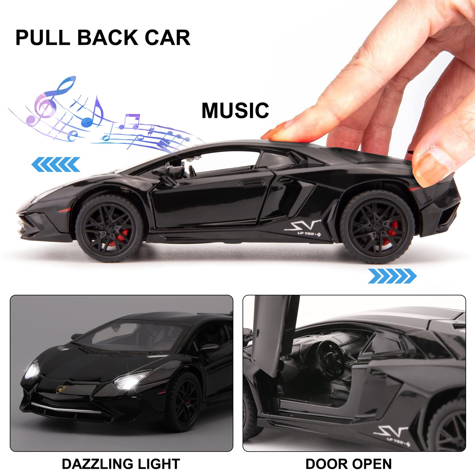 BDTCTK 1:32 LP750 Model Pull Back Car Toy car with Sound and Light for Kids Boy Girl, Metal Body, Door Opened, Yellow
