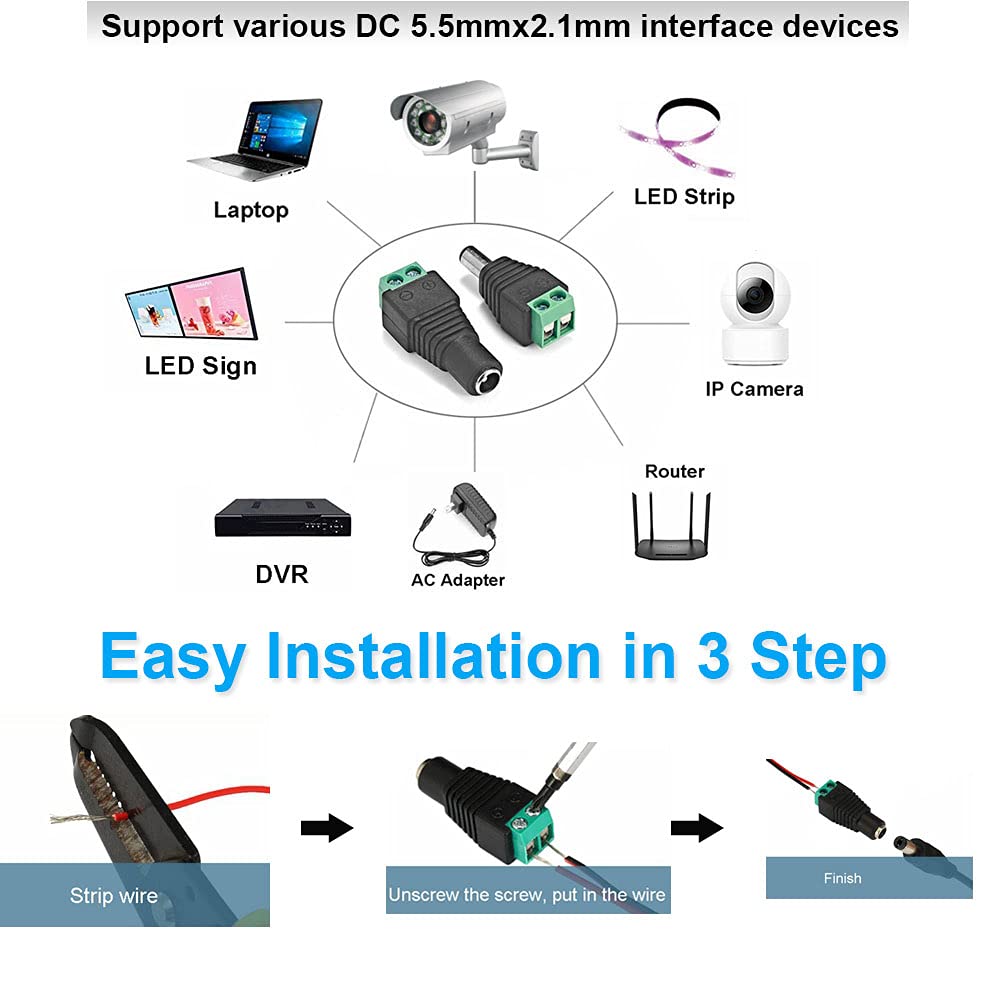 exgoofit DC Power Connector 15 Pairs 12V Male+Female 2.1x5.5MM DC Power Jack Plug Adapter Connector for CCTV Camera and LED Strip Light