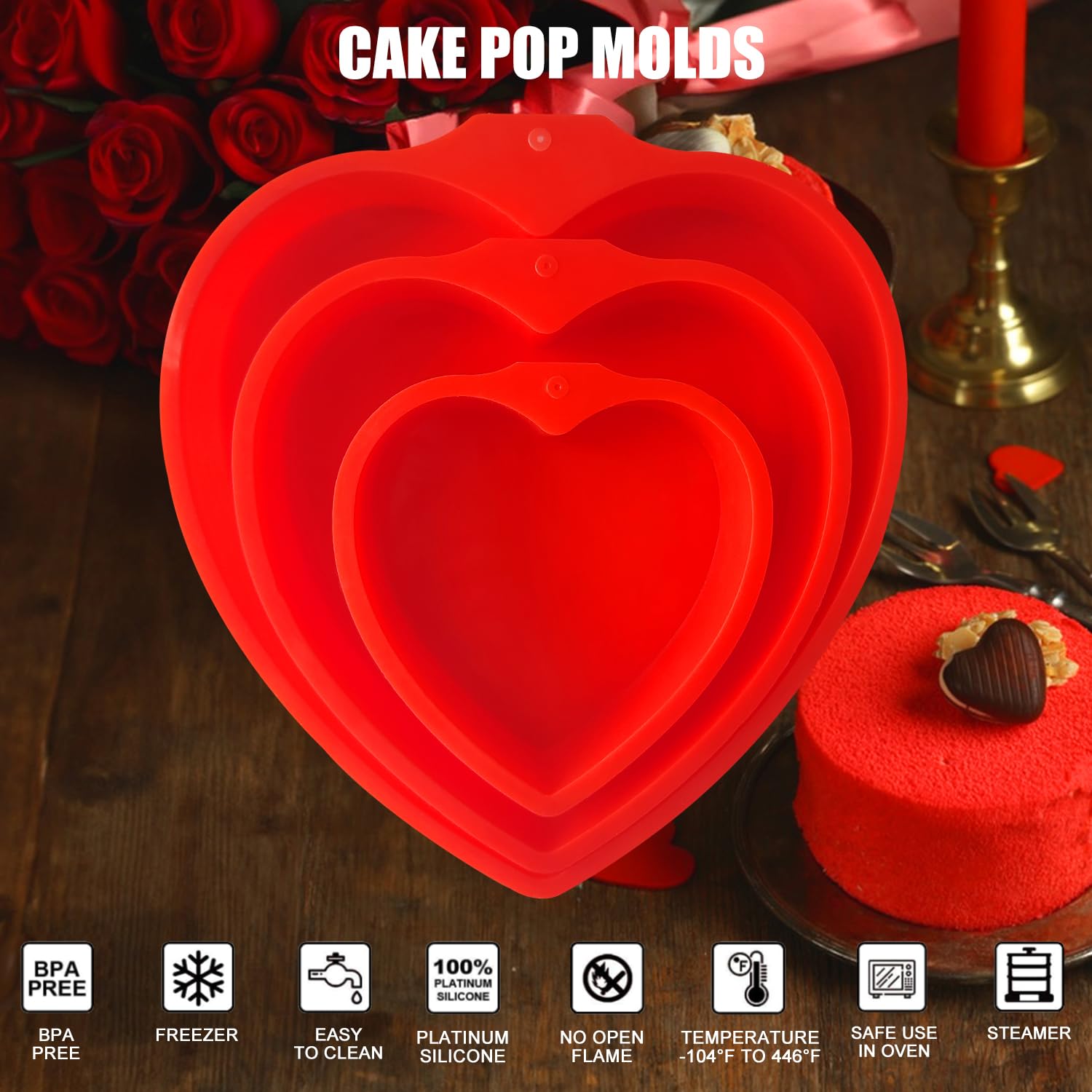 3 Pcs Cake Silicone Molds,Heart Shape Silicone Mold for Baking Homemade Dining,Reusable Silicone Fondant Mold Rainbow Mousse Cake Molds Cake Pan Air fryer Silicone Liners(8 In&6In&4In)