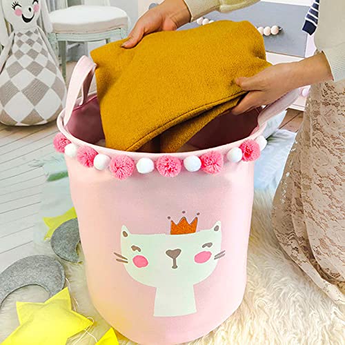 Cute Babys Laundry Basket - Kids Laundry Hamper for Girls, (Cat) Collapsible Thicken Durable Toys Organizer Storage Round Baskets and Nursery Bedroom Decor (Pink)
