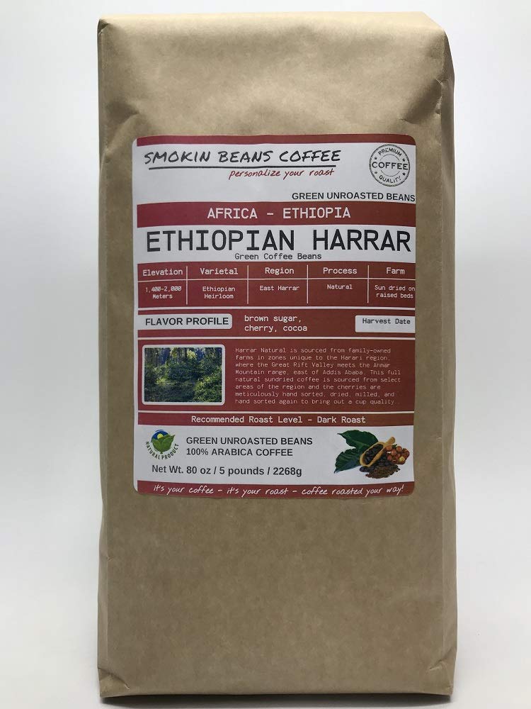 5-pound Ethiopia Harrar Natural (Unroasted Green Coffee Beans) African heirloom Arabica coffee fresh current-crop beans for home coffee roasters specialty-grade coffee beans includes a free burlap bag