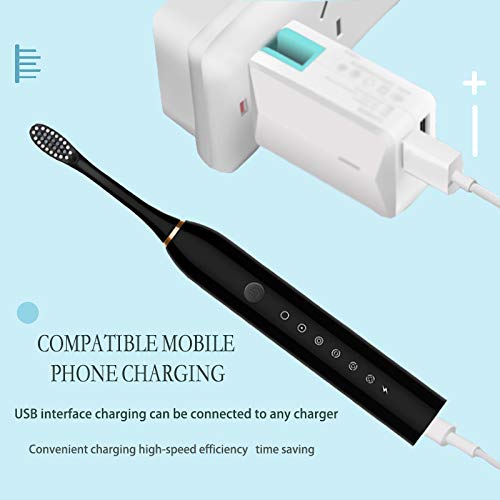Sonic Electric Toothbrush Rechargeable Ideal for Adults Children, 6 Optional Modes IPX7 USB Fast Charging Electric Ultrasonic Toothbrush with 2 min Build in Timer & 4 Replacement Brush Heads(Black)