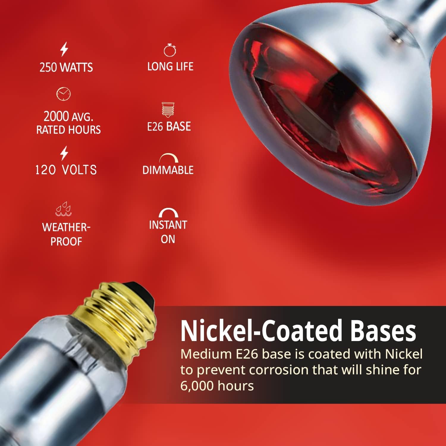 250 Watts R40 Red Heat lamp Light Bulbs Infrared Flood Reflector Incandescent Spotlight for Food Service, Brooder Bulb, Chicken, Pet, Bathroom, Light Therapy 250R40/HR Medium E26 Base 1 Pack