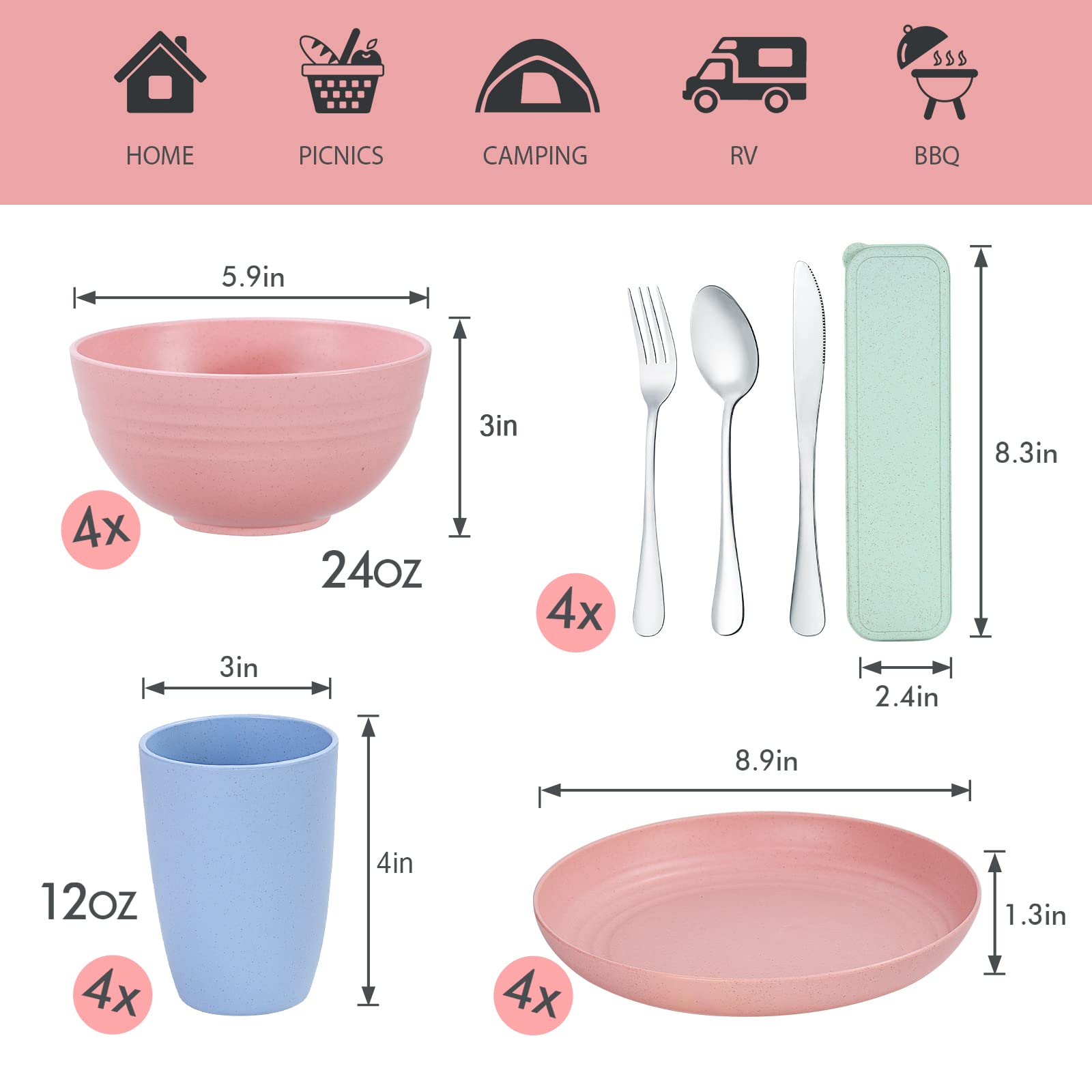 28PCS Kitchen Wheat Streaw Dinnerware Sets for 4, Wheat Straw Plates and Bowls Sets, College Dorm Dinnerware Dishes Set for 4 with Cutlery Set
