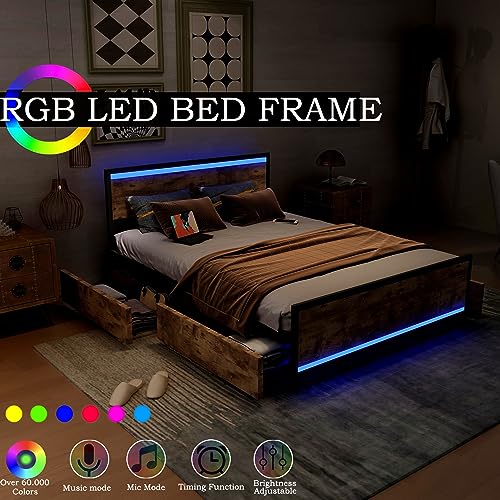Ailisite Queen Size Bed Frame with Storage Drawers and 2 USB Ports, LED Queen Bed Frame with Headboard, Metal Platform Bed No Noise, Mattress Foundation Strong Metal Slats Support No Box Spring Needed
