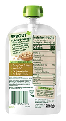 Sprout Organic Baby Food, Stage 3 Pouches, Sweet Pea & White Bean Plant Powered Protein, 4 Oz Purees (Pack of 6)