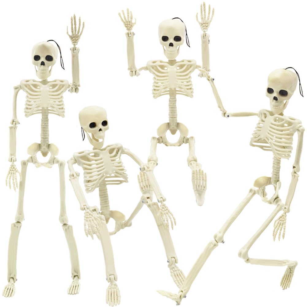 4 Packs Posable Halloween Skeleton, Full Body Skeleton Decoration Movable Posable Joints Skeletons, Scary Plastic Skeleton Halloween Skull Decor for Yard Garden Lawn Haunted House Graveyard Props