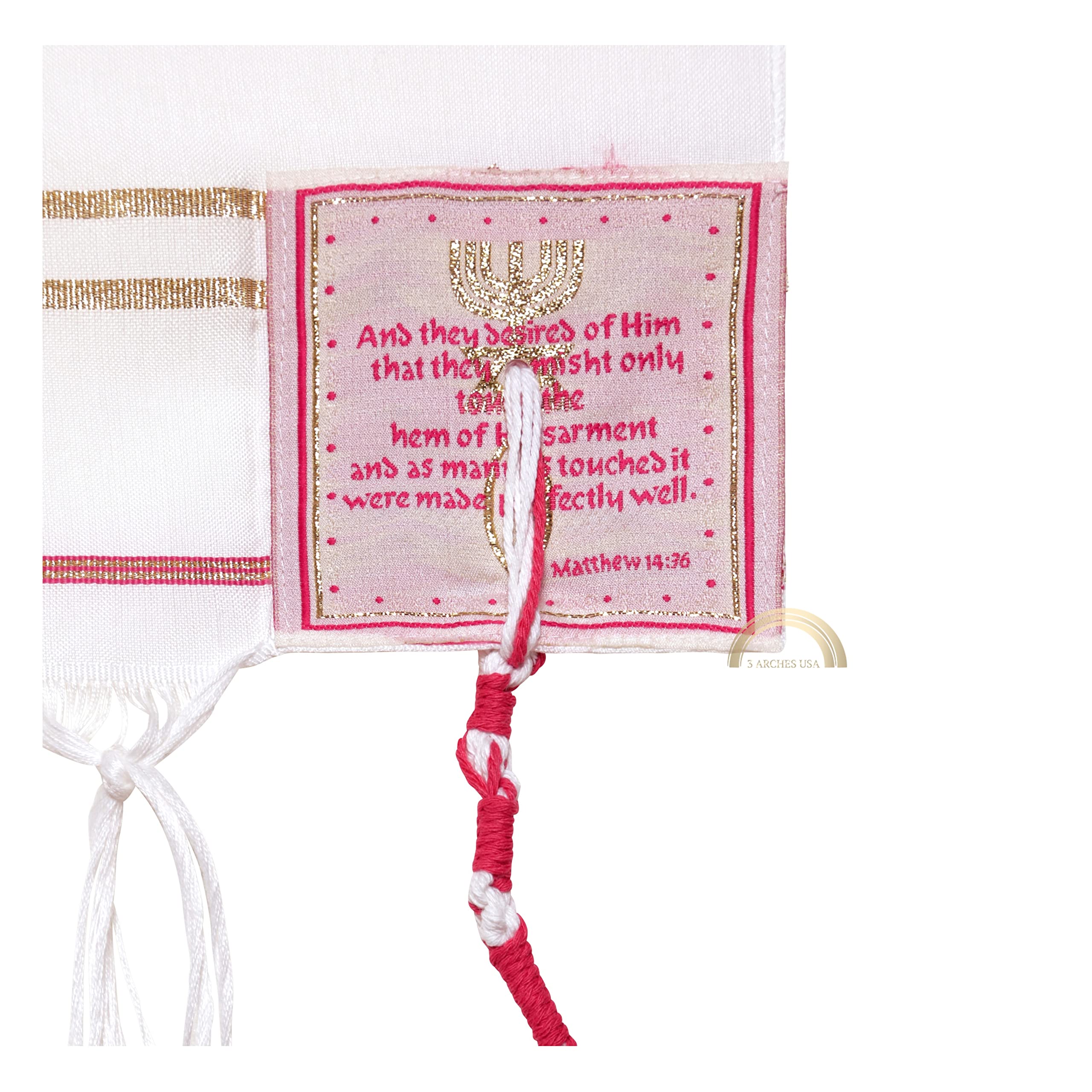 3 ARCHES USA, New Covenant Prayer Shawl Christian, Pink Messianic Tallit 72βX22β With Bag, Israel Design.