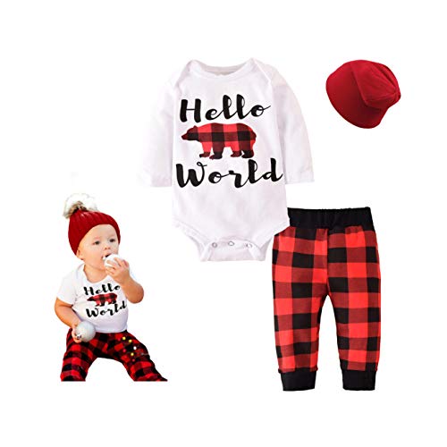 Newborn Baby Boy Winter Clothes Hello World Letter Print Baby Bear Outfits Buffalo Plaid Pants Hat Christmas 3PCS Sets (Hello World, Preemie)