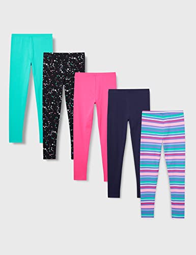 Amazon Essentials Girls' Leggings (Previously Spotted Zebra), Pack of 5, Aqua Green/Navy/Pink/Stars/Stripe, Small
