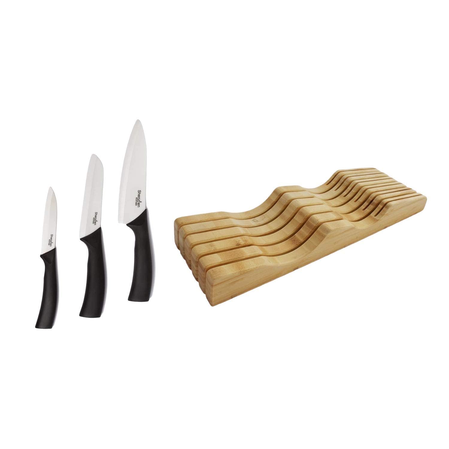 Shenzhen Knives - White Ceramic Knife Set - 3-Piece Kitchen Knives AND Large In-Drawer Bamboo Knife Block: 11 Slot (2 Pack Bundle)