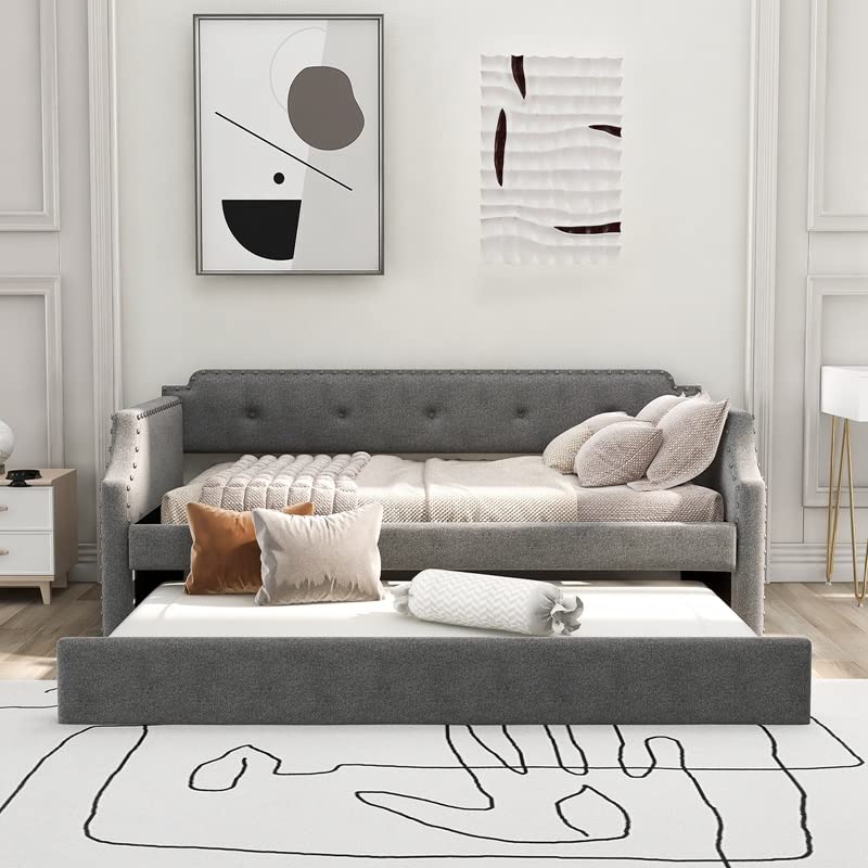FLOYINM Upholstered Daybed with Trundle, Wood Slat Support,Upholstered Frame Sofa Bed, Twin