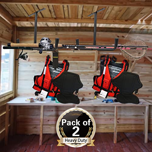 Tahikem 2 Set Overhead Garage Storage Rack, Heavy Duty Overhead Storage Double Hook, Ceiling Hanger Safe Racks, Hanging for Lumber Ladder Storage & Other Bulky Items (Pack of 2 - Black)