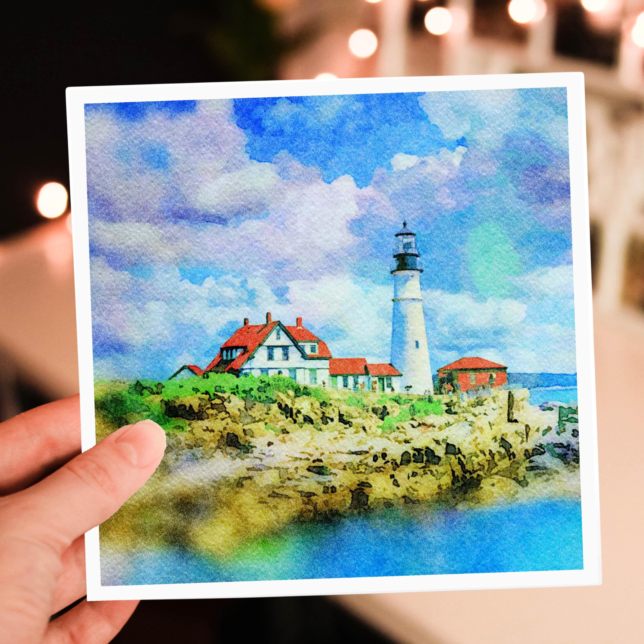 3dRose Greeting Card - A Light House On The Water Image Of Watercolor Painting - Fine Art