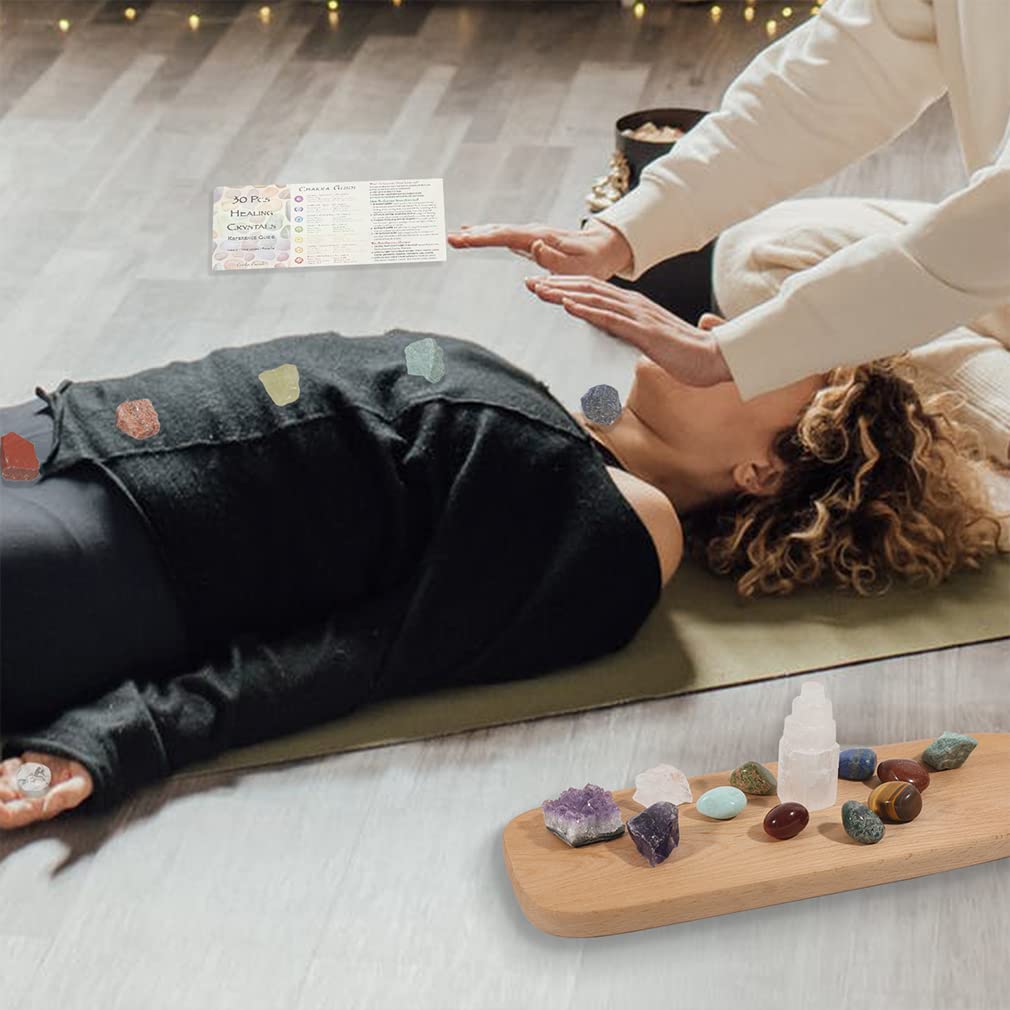 30 PCS Crystals and Stones Set - Natural Raw Healing Crystals & Tumbled Chakra Stones, Premium Protection Crystals Gift Kit Display in Wooden Box + Info Guide