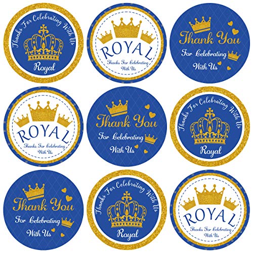 Royal Prince Thank You Stickers for Boy Baby Shower, Birthday Party Favors Supplies Gift Bag Box Decorations Blue Gold 42 Pack