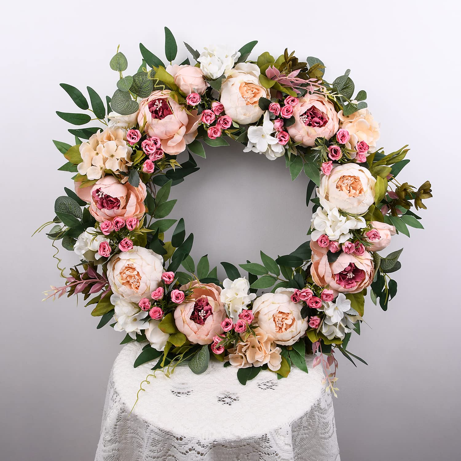 22inch Peony Wreath, Bouquet Wreath Spring Summer Fall Wreath Dotted with Eucalyptus Layered Roses Dahlias Hydrangeas Antler Grass and Small Fruit Artificial Wreaths for Front Door Indoor Wreaths