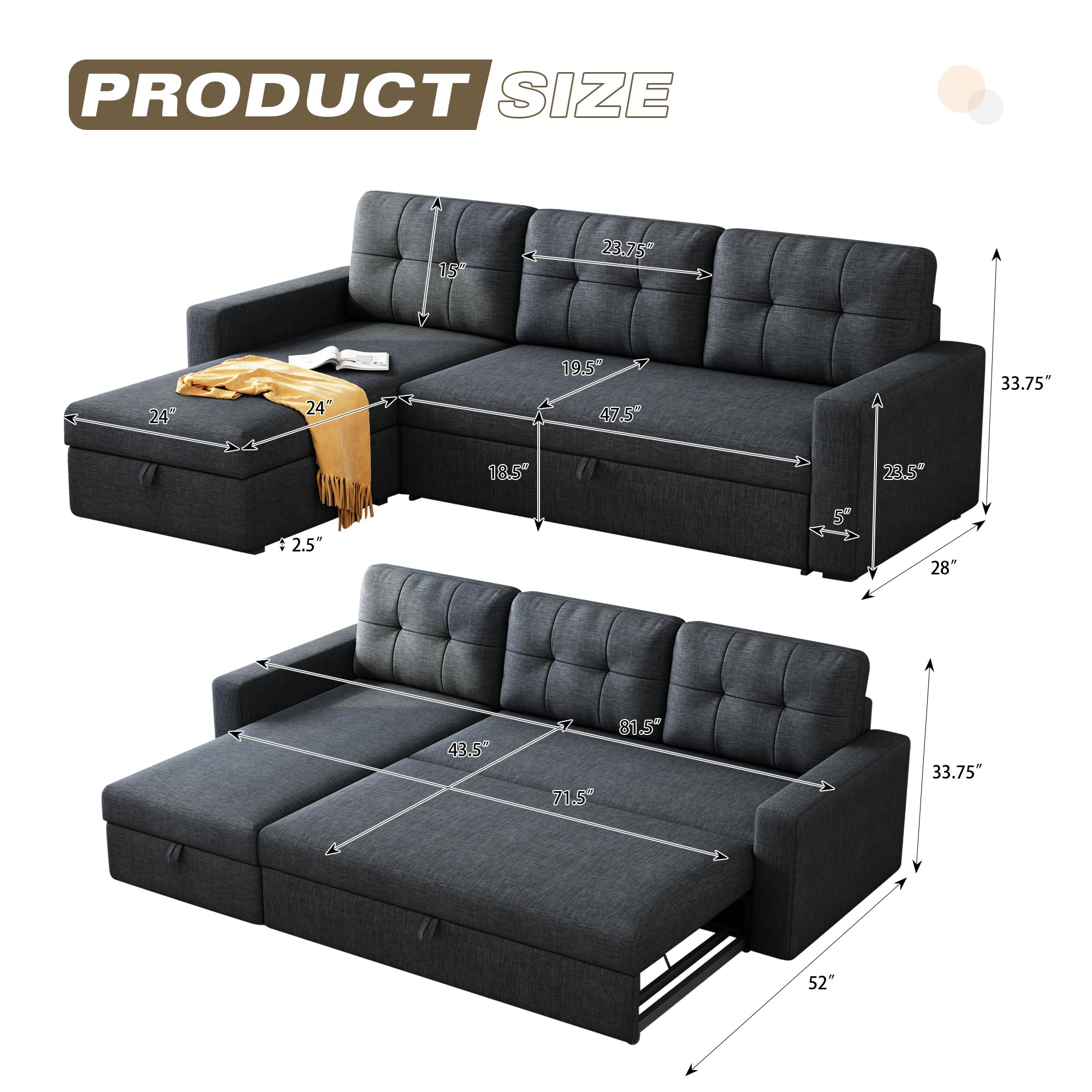 Acosure 82'' L-Shape Convertible Sleeper Sectional Sofa with Storage Chaise and Pull-Out Bed, Linen Upholstered Reversible Corner 3 Person Couch, for Living Room, Apartment