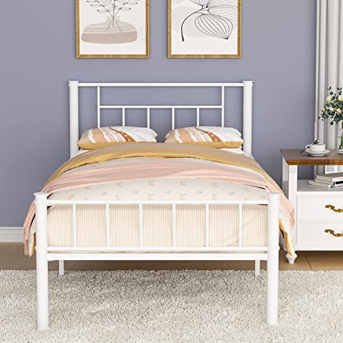 4 EVER WINNER Twin Platform Bed Frame with Headboard, Twin Bed Frames 14 Inch, Heavy Duty Steel Salt Twin Metal Bed Frames, No Box Spring Needed, Mattress Foundation, Anti-Slip (White Twin Bed)
