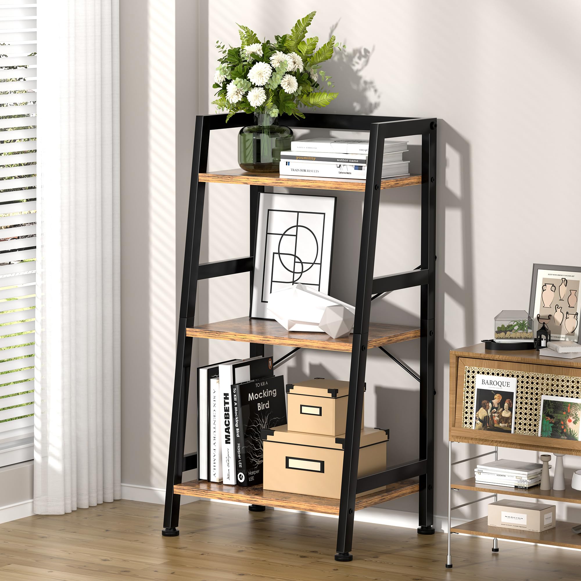 3-Tier Bookshelf, Ladder Shelf, Industrial Bookcase with Steel Frame, Metal Small Bookcase, for Living Room, Home Office, Kitchen, Bedroom, Industrial Style(Rustic Brown & Black)