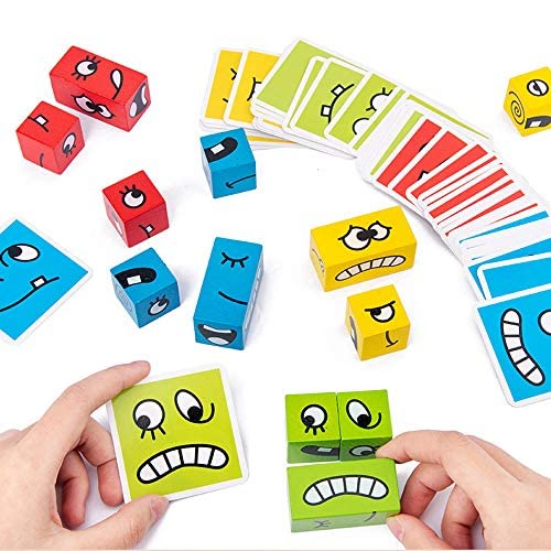 TACY Expressions Matching Wood Blocks Toy Making Emotion Game Challenge Cards for Children's Logical Thinking Intellectual Training Toys Parent-Child Board Game