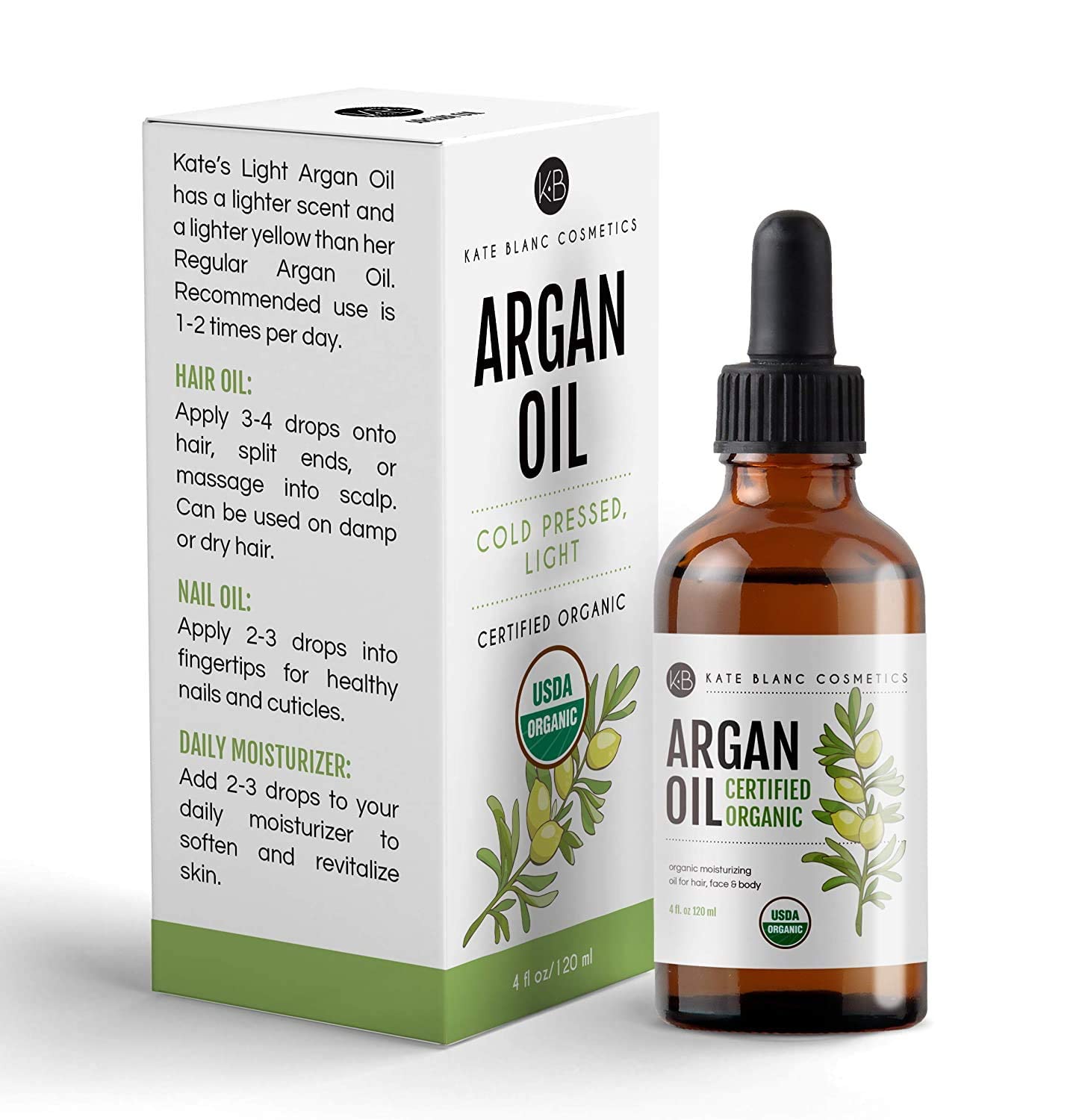 Kate Blanc Cosmetics Argan Oil for Hair, Face & Skin from Morocco. Promotes Hair Growth (4oz, USDA Certified Organic, Cold Pressed & 100% Pure, Light)
