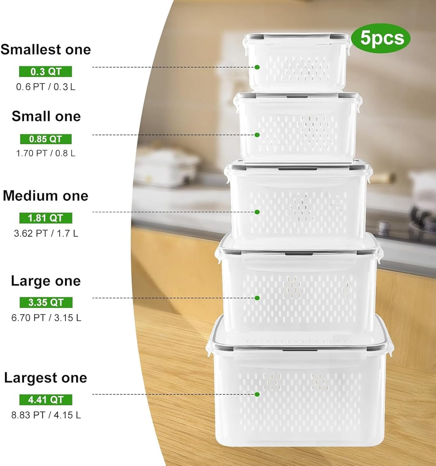 6 PCS Large Fruit Containers for Fridge - Leakproof Food Storage Containers with Removable Colander - Dishwasher & Microwave Safe Produce Containers Keep Fruits, Vegetables, Berry, Meat Fresh longer